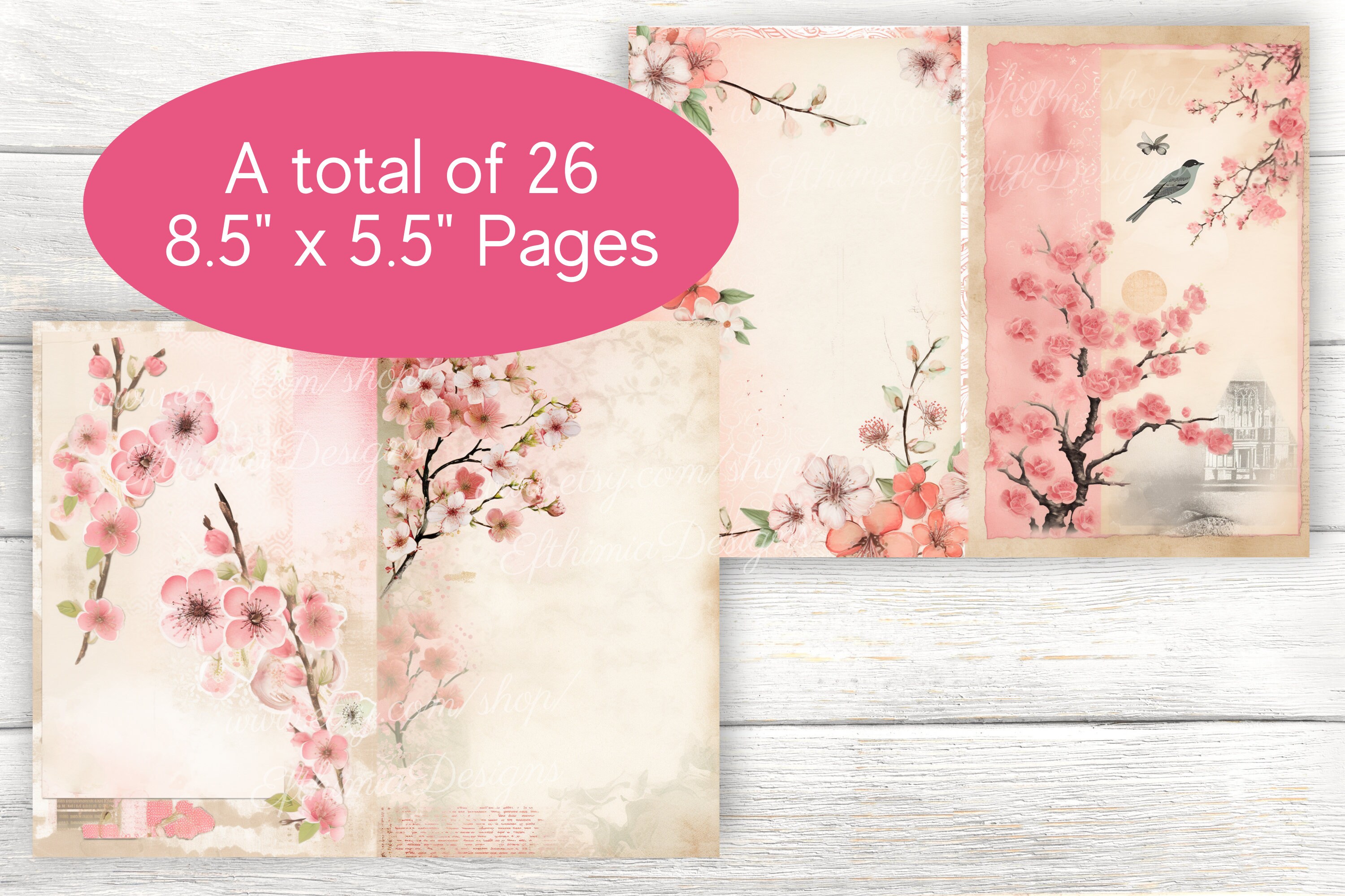 Cherry Blossom, Junk Journal, Pages, Digital Download, Printable, Pink ...
