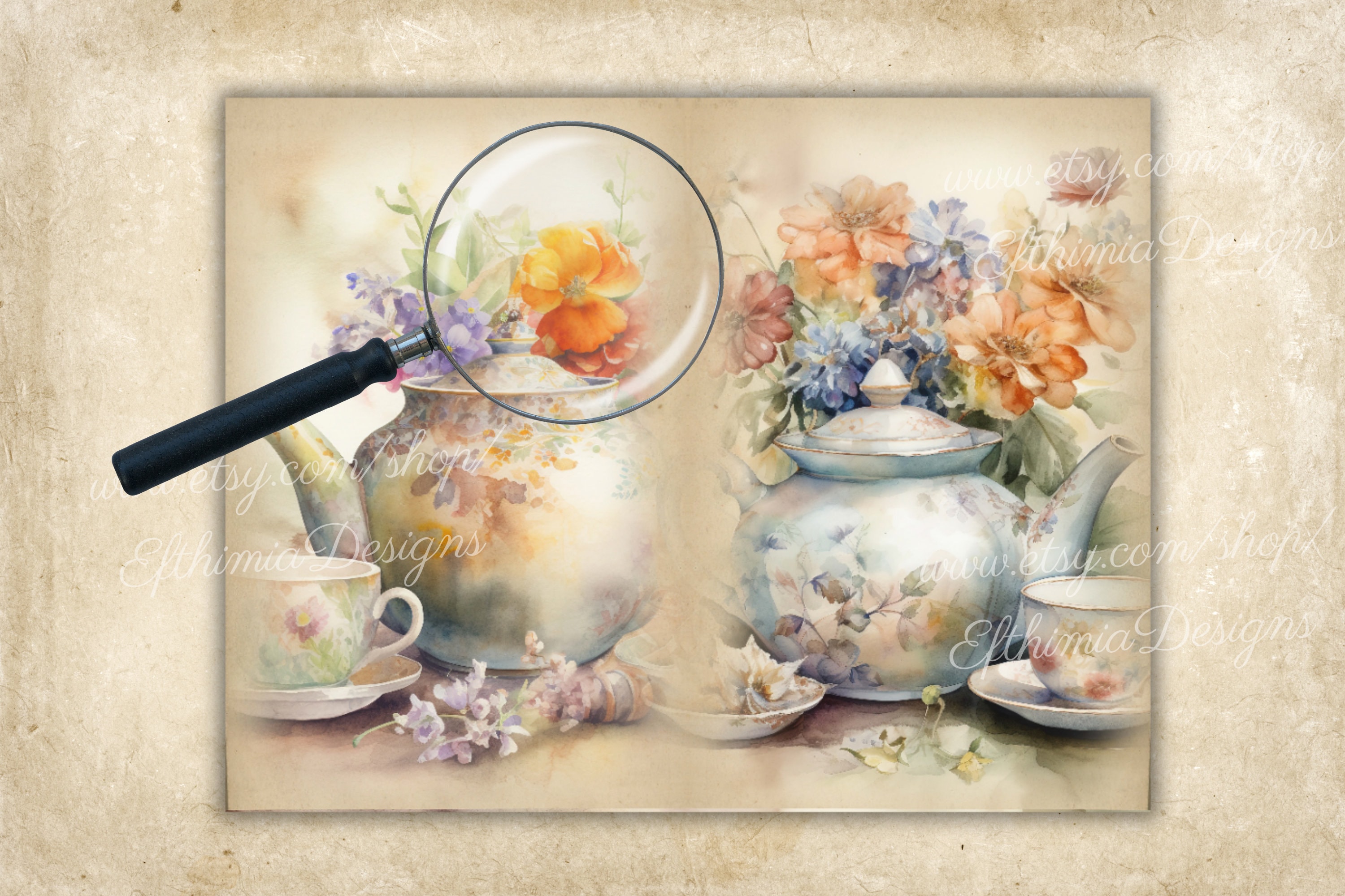 Floral Teapot Junk Journal Pages With Beautiful China Cups, Victorian ...