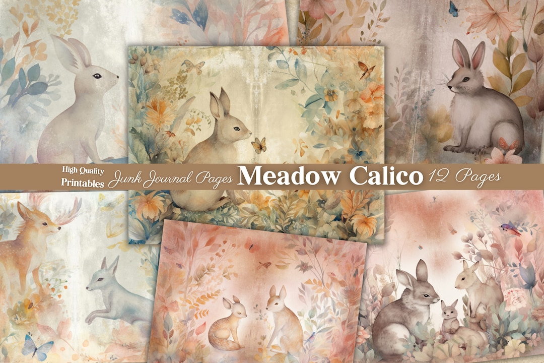 Meadow Calico Junk Journal Pages, Printable Digital Download, Pastel Rainbow Rabbits and Foxes ...