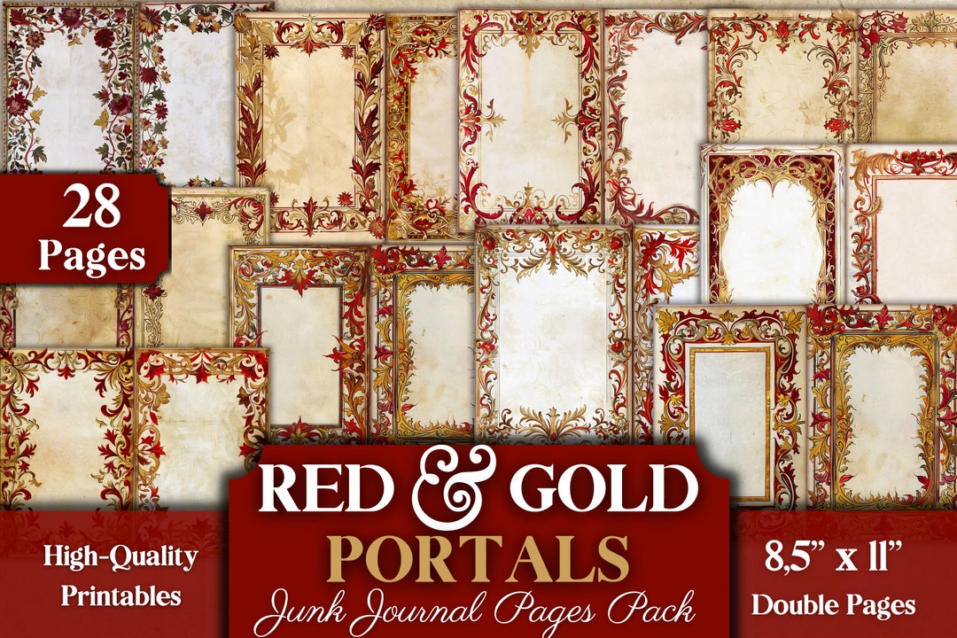 Red Frames Junk Journal Pages, Gold Illuminated Manuscript, Vintage ...