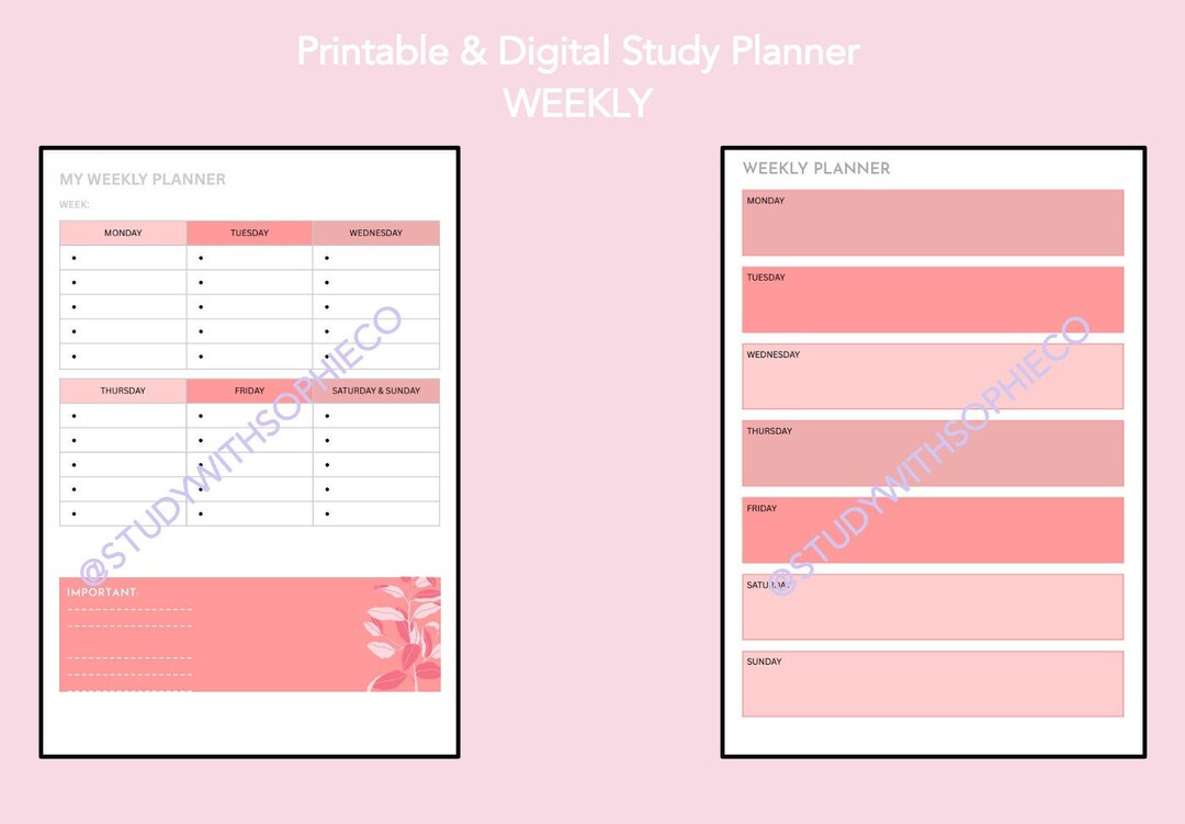 Digital and Printable Weekly Study Planners - Etsy