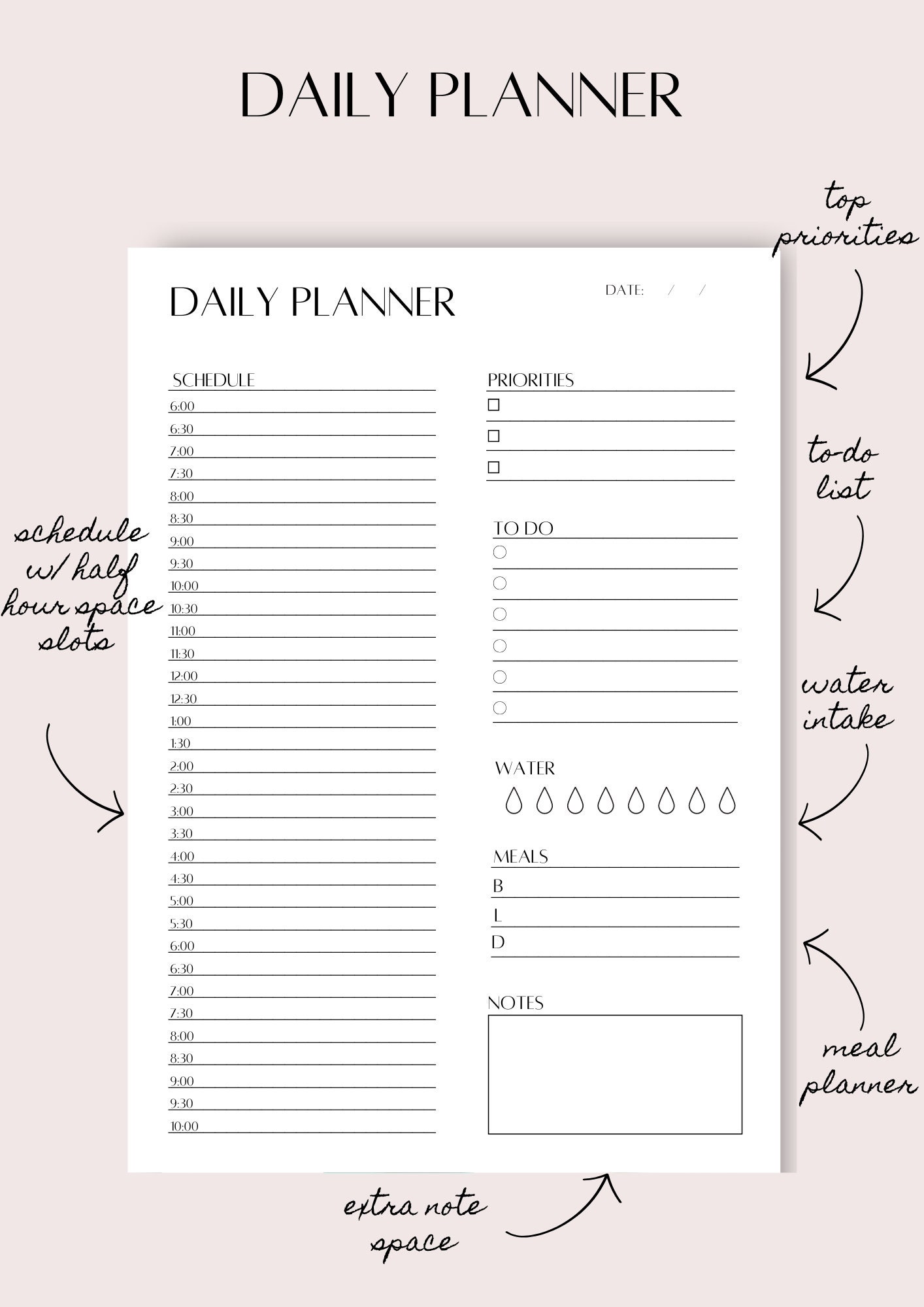 Printable Daily Planner | Daily Organizer | Daily Schedule | Hourly ...