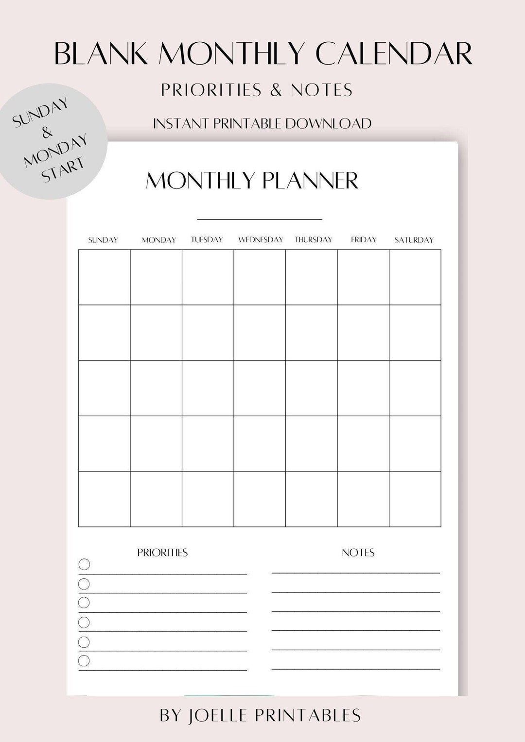 Printable Blank Calendar | Monthly Planner | Monthly Organizer ...