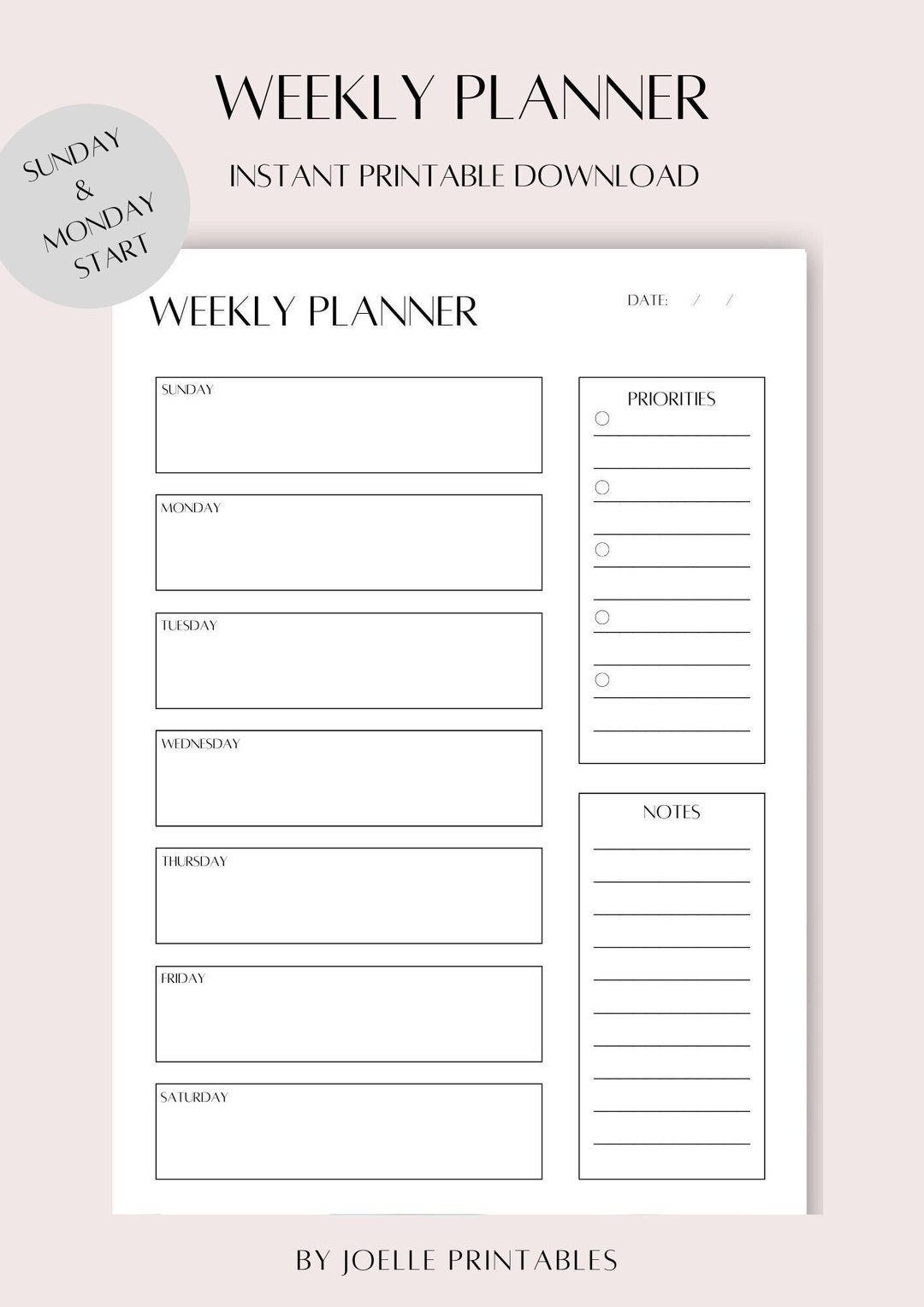 Printable Weekly Planner | Weekly Organizer | Weekly Schedule | Sunday ...