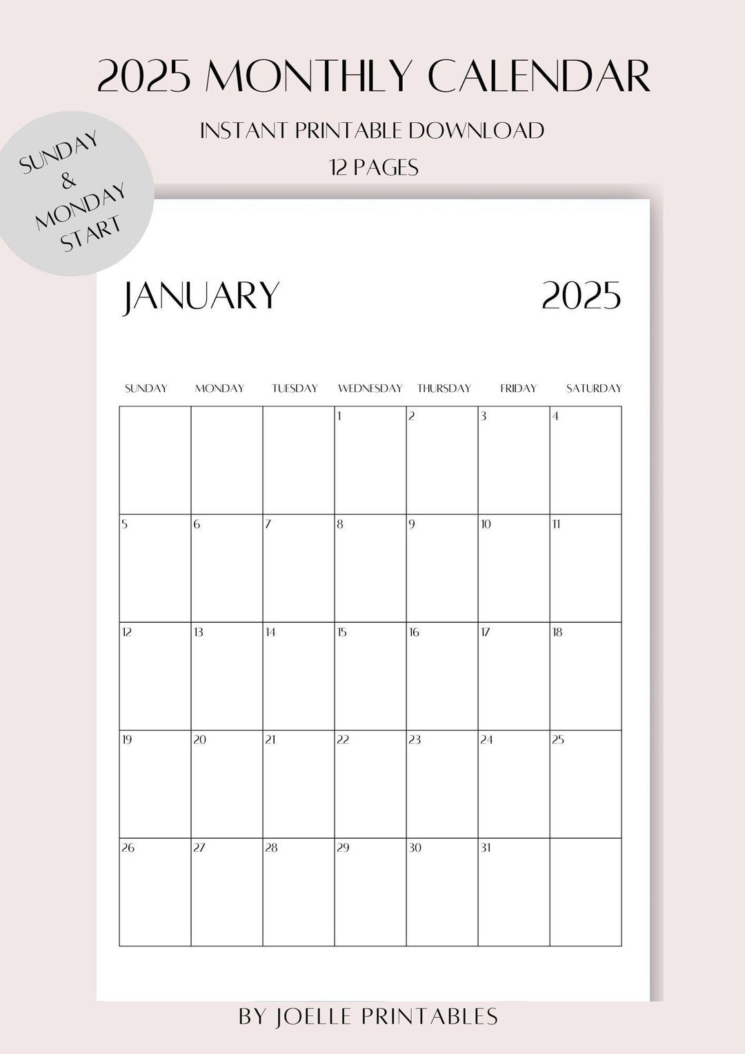 Printable 2025 Calendar | Monthly Planner | Monthly Organizer | Monthly ...