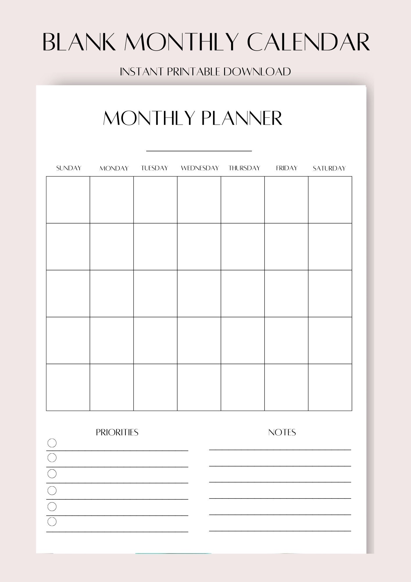 Printable Blank Calendar | Monthly Planner | Monthly Organizer ...