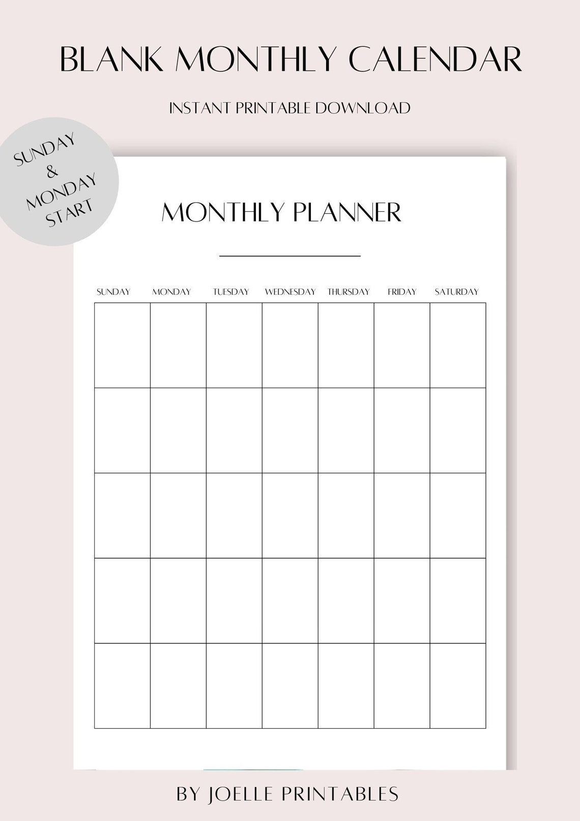Printable Blank Calendar | Monthly Planner | Monthly Organizer ...