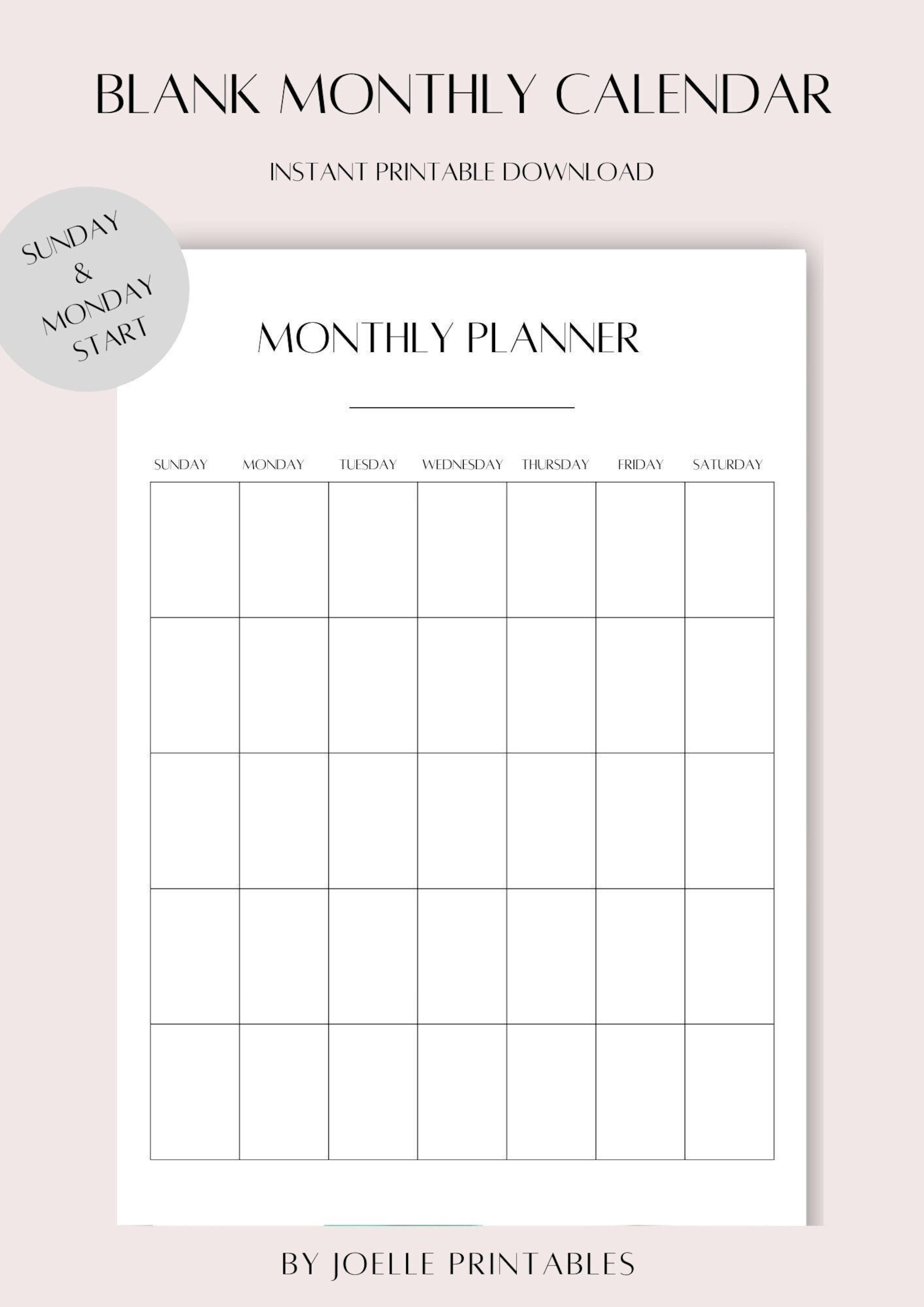 Printable Blank Calendar | Monthly Planner | Monthly Organizer ...