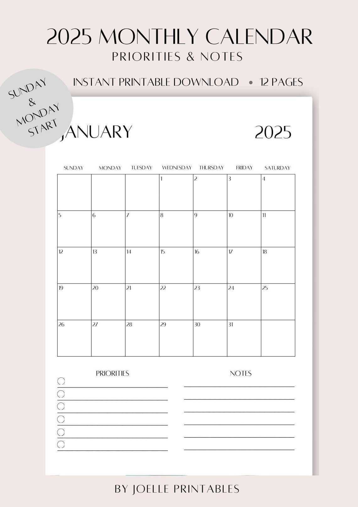 Printable 2025 Calendar | Monthly Planner | Monthly Organizer | Monthly ...