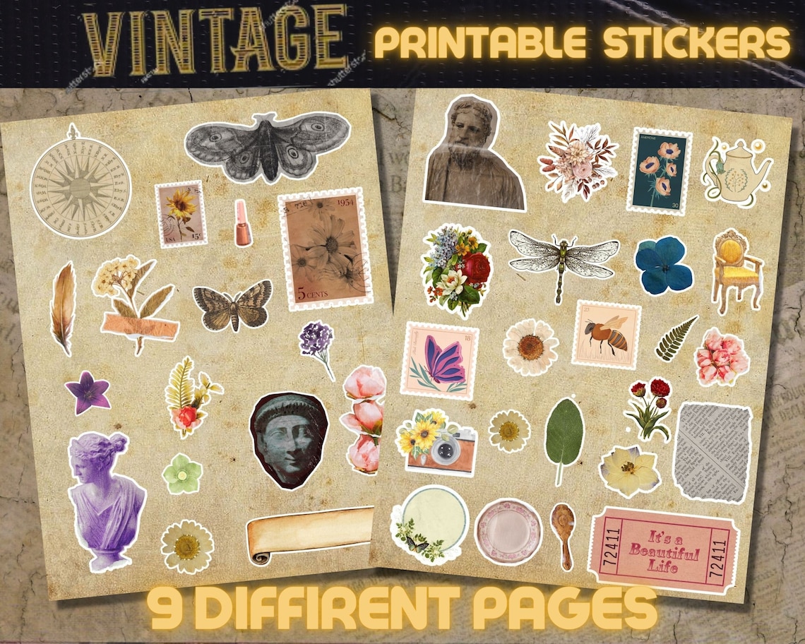 Vintage Printable Stickers 100+ 9pages - Etsy