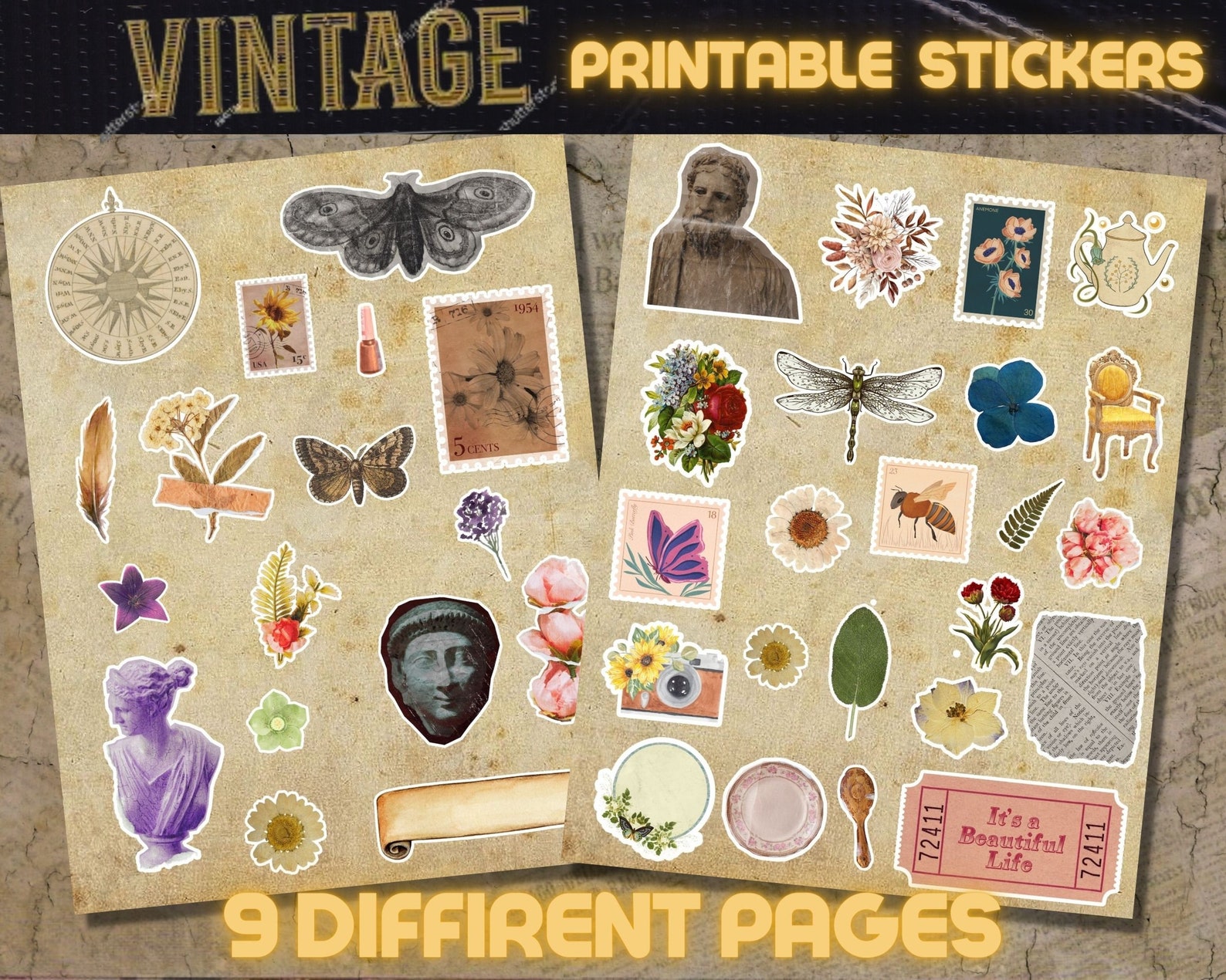Vintage Printable Stickers 100+ 9pages - Etsy