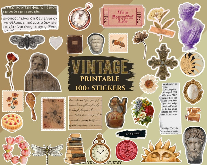 Vintage Printable Stickers 100+ 9pages - Etsy