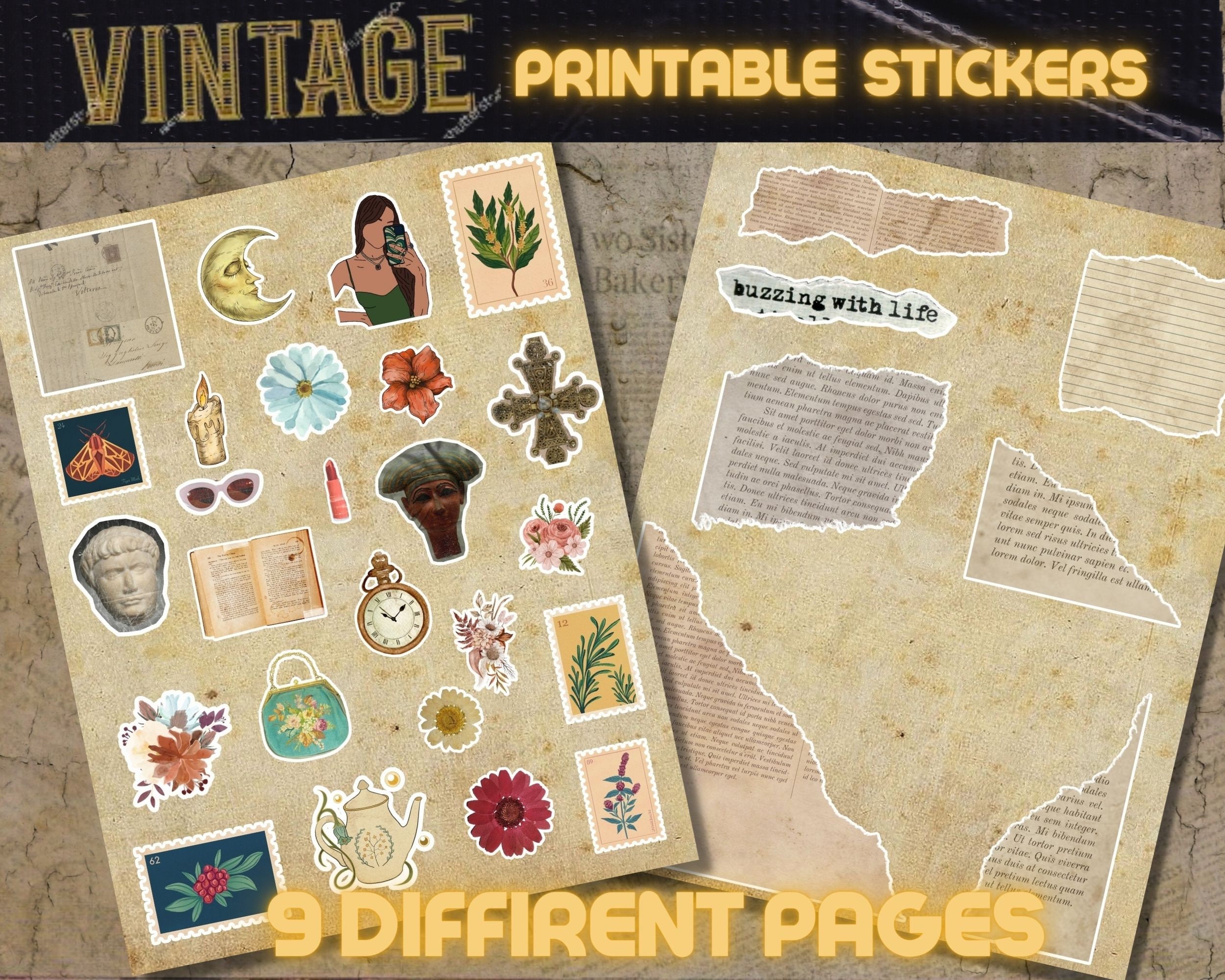Vintage Printable Stickers 100+ 9pages - Etsy