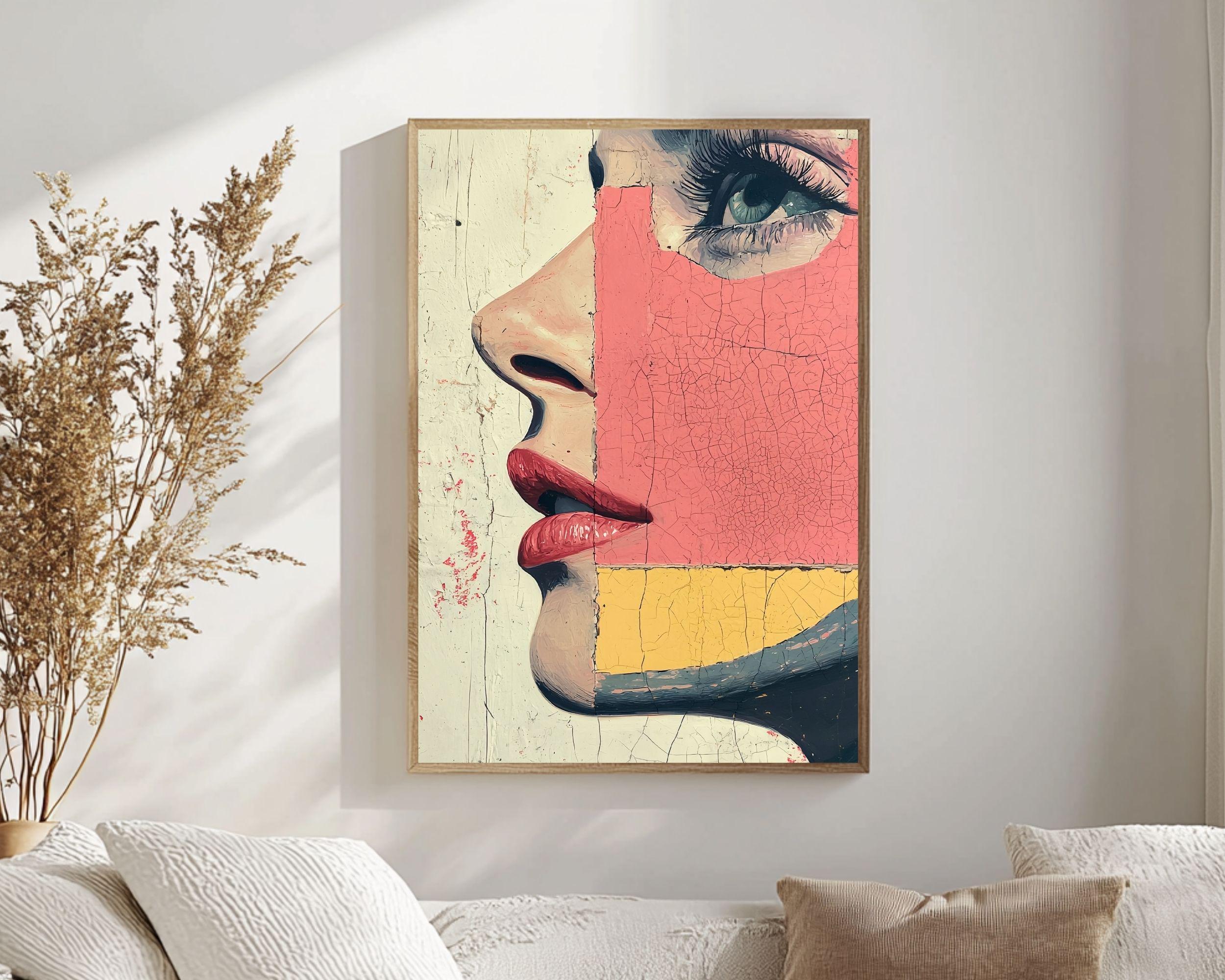 Modern Profile Portrait Art | Cracked Paint Face Print | Pink Yellow ...