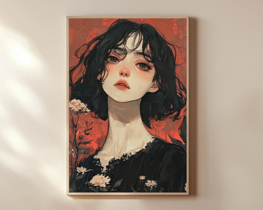 Red & Black Portrait Digital Art Print | Dark Academia Illustration ...