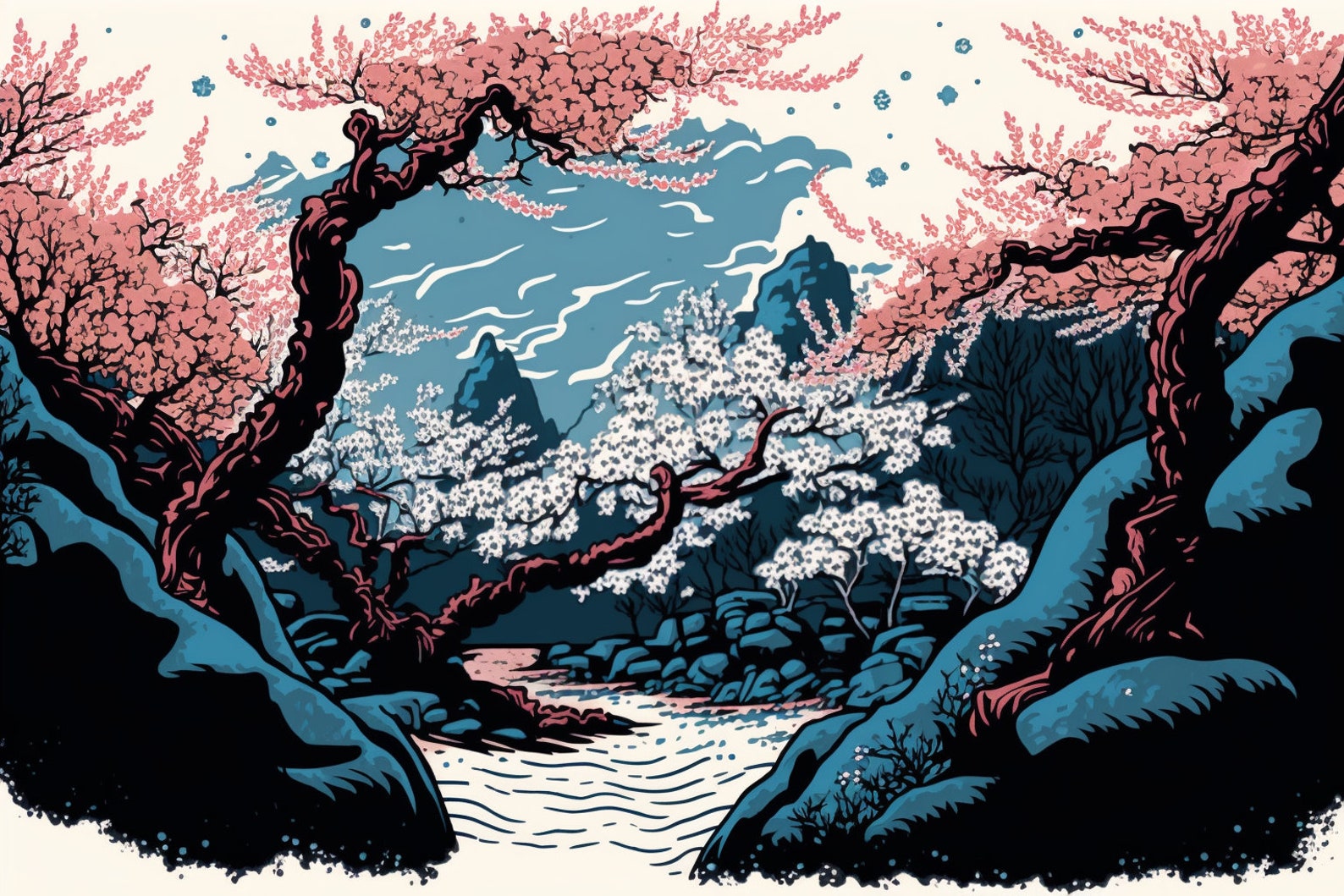 Katsushika Hokusai ISO, Original Artwork, Pink and Blue Cherry Blossoms ...