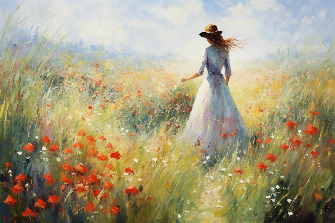 Impressionist Portrait: A Serene Young Woman in a Monet-inspired Flower ...