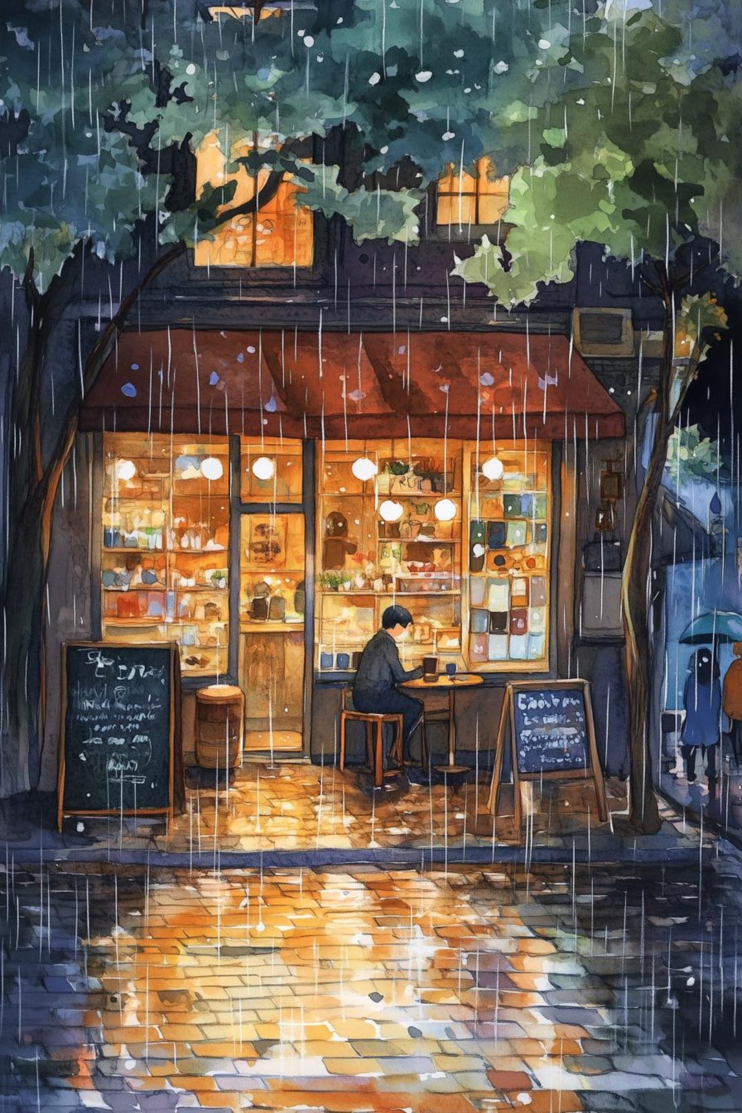 Charming Café in the Rain Canvas Print Inspired by Edward Hopper's ...