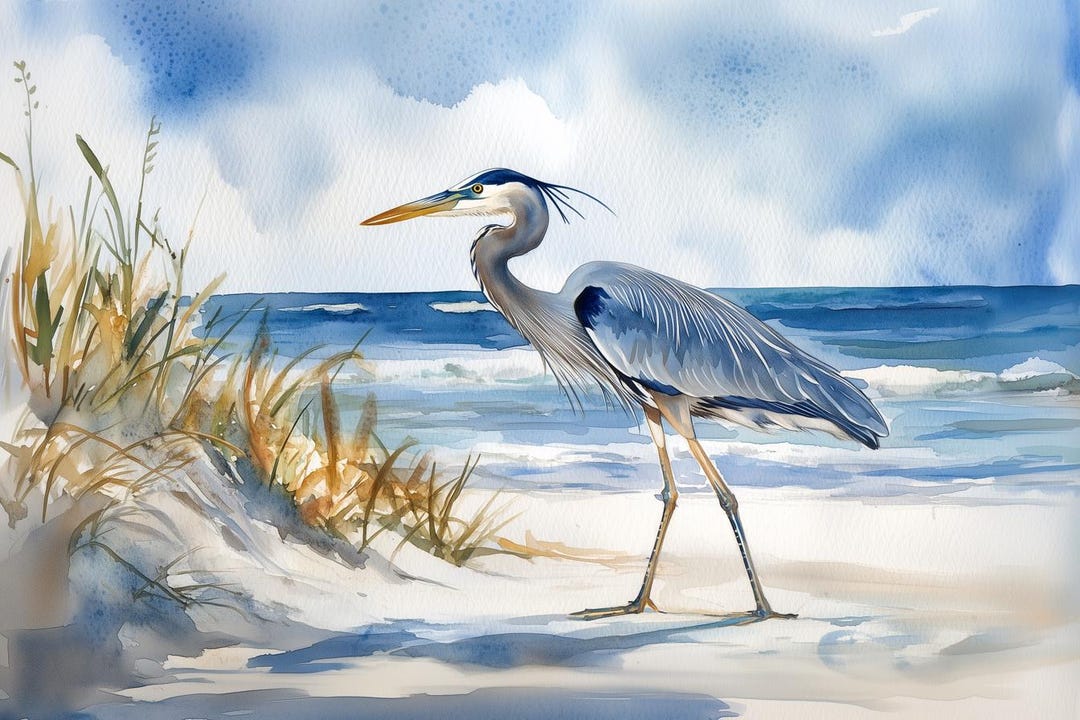 Elegant Great Blue Heron Watercolor Print for Home Decor Canvas Wall ...