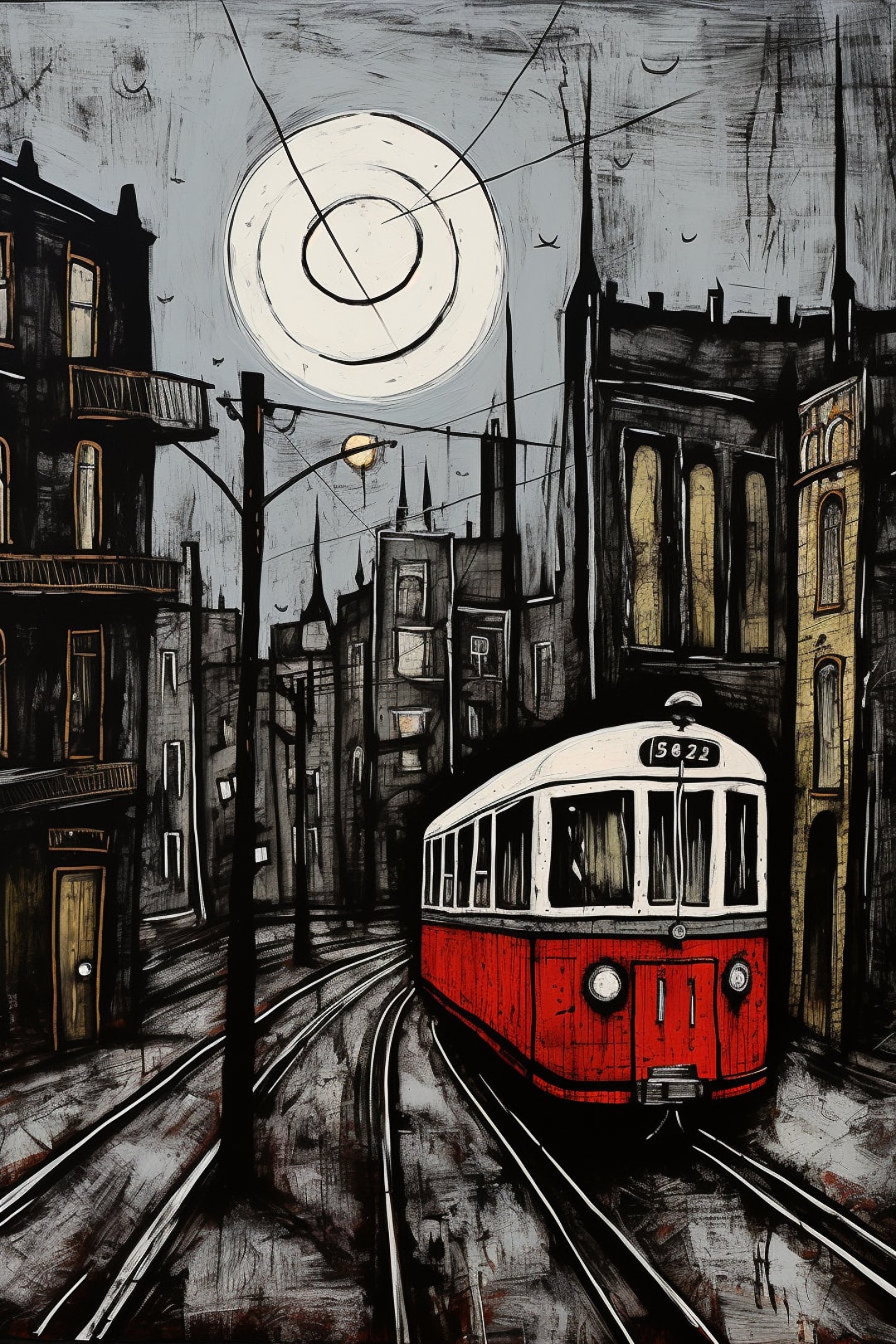 Original Street Cable Car Painting With Full Moon - Inspired by Bernard ...