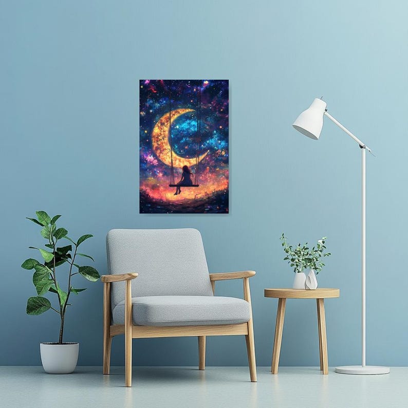 Moonlit Swing Canvas Print Inspired by Van Gogh's Starry Night Romantic Home Decor and Magical ...