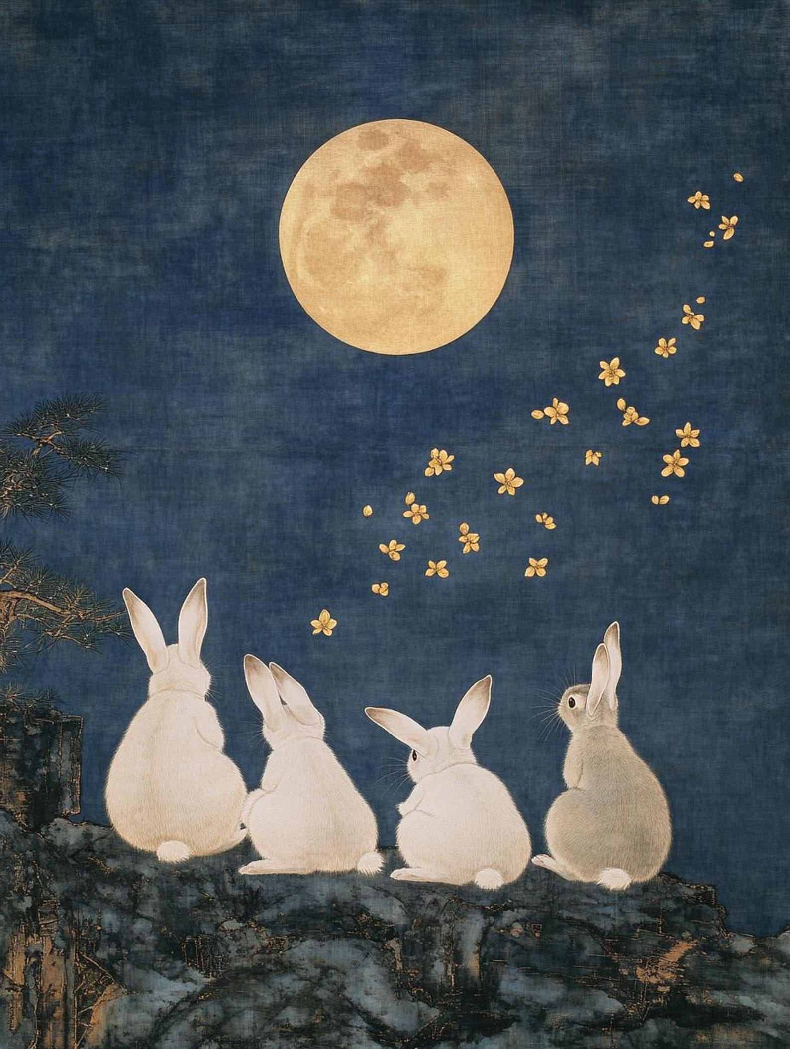 Charming Song Dynasty Gongbi Style Canvas Print of Small Rabbits Under ...