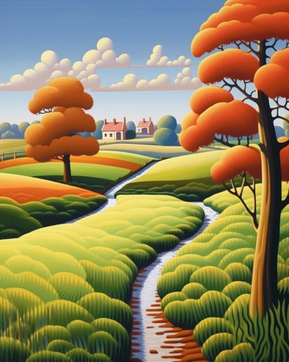 Paul Corfield Inspired Stream Through Green Fields and Bright Orange ...