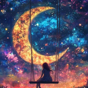 Moonlit Swing Canvas Print Inspired by Van Gogh's Starry Night Romantic Home Decor and Magical ...