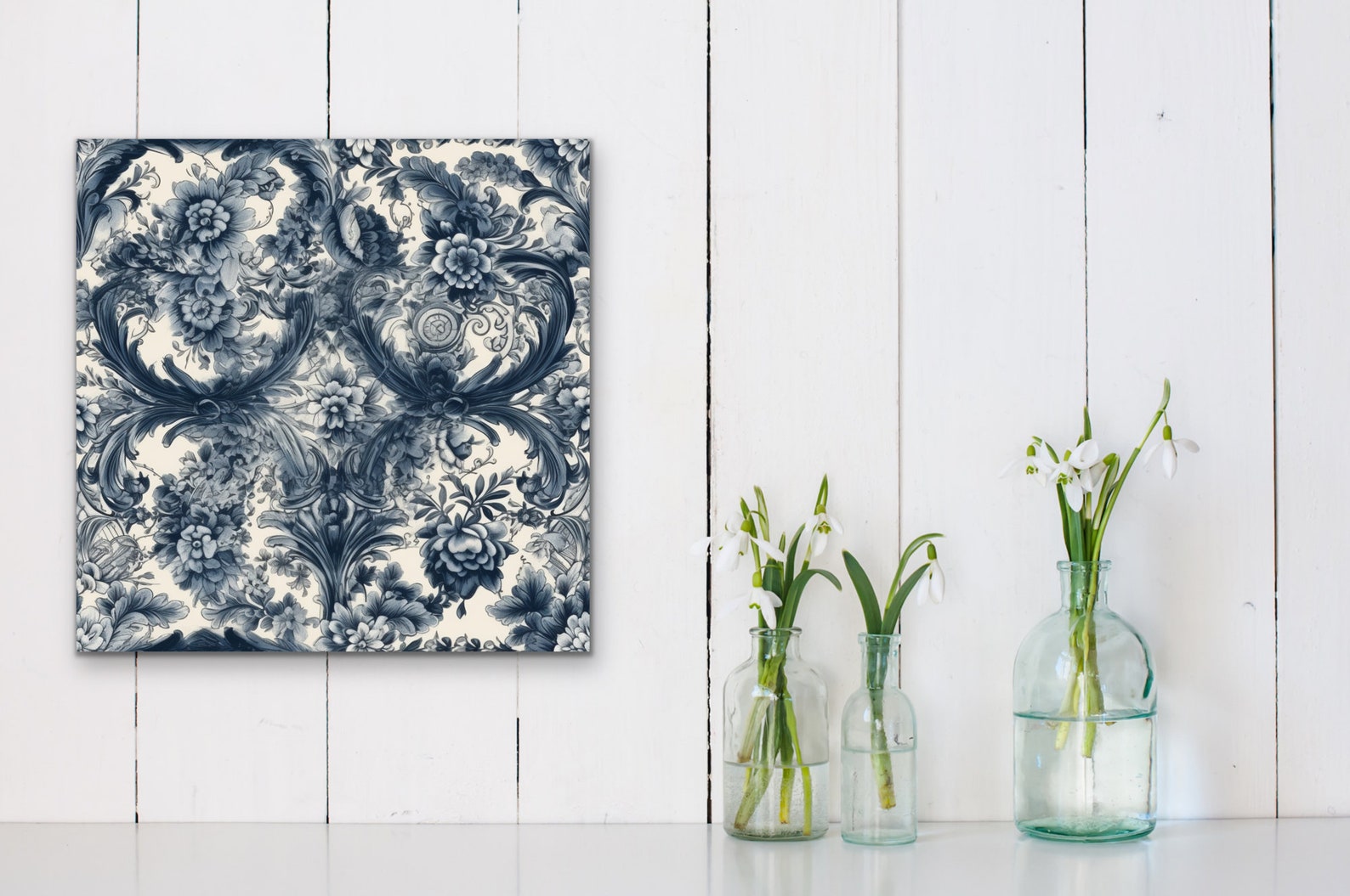 Blue and White Baroque Tile in Floral Design: Resin Artwork Inspired by ...