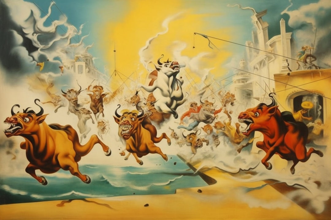 Mad Bull Run: Surreal Salvador Dali-inspired Canvas Art Featuring ...