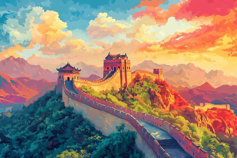 Stunning Great Wall of China Canvas Print in Vibrant Pastel Colors ...