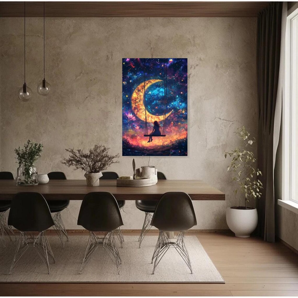 Moonlit Swing Canvas Print Inspired by Van Gogh's Starry Night Romantic Home Decor and Magical ...