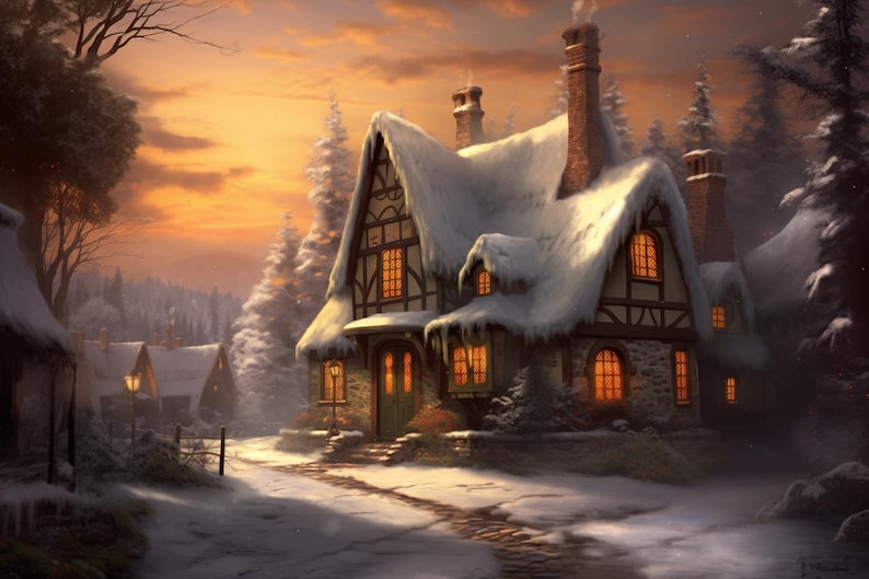 Charming Winter Cottage Canvas Print in the Style of Thomas Kinkade ...