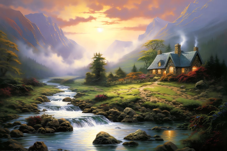 Exquisite Thomas Kinkade Inspired Custom Canvas Cottage Scene Artwork ...