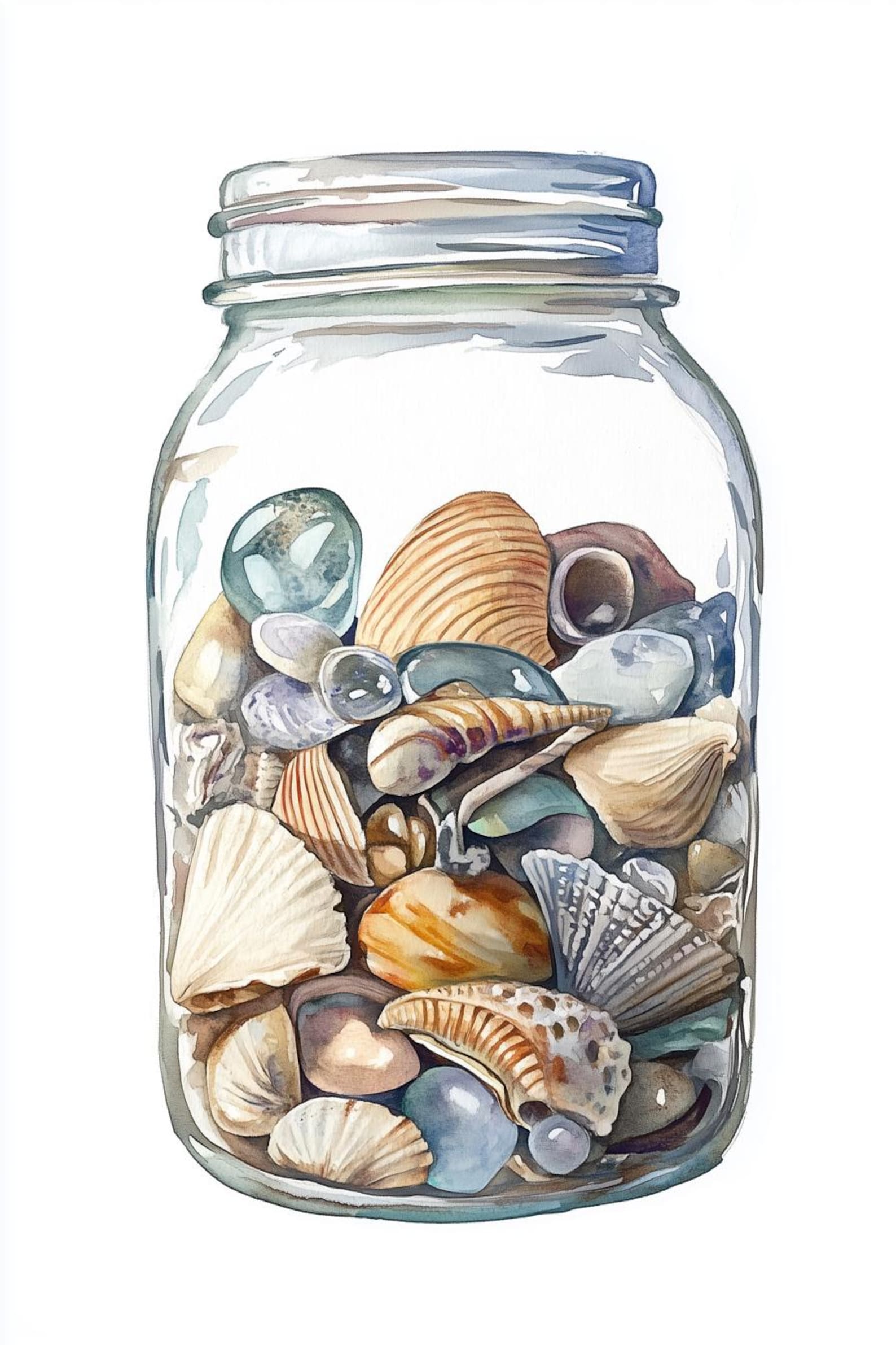 Seashell Jar Watercolor Art Print Canvas Home Decor Coastal Beach Vibes ...