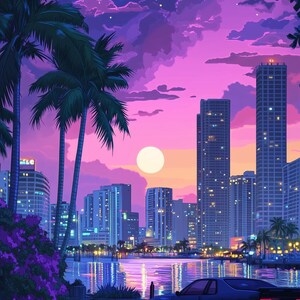 Retro Sunset Miami Canvas Print Inspired by Hiroshi Nagai With Palm ...