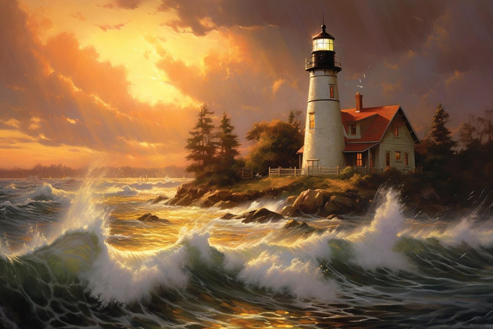 The Tempest | Thomas Kinkade Inspired Lighthouse Tempest Evening Canvas ...