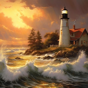 The Tempest | Thomas Kinkade Inspired Lighthouse Tempest Evening Canvas ...