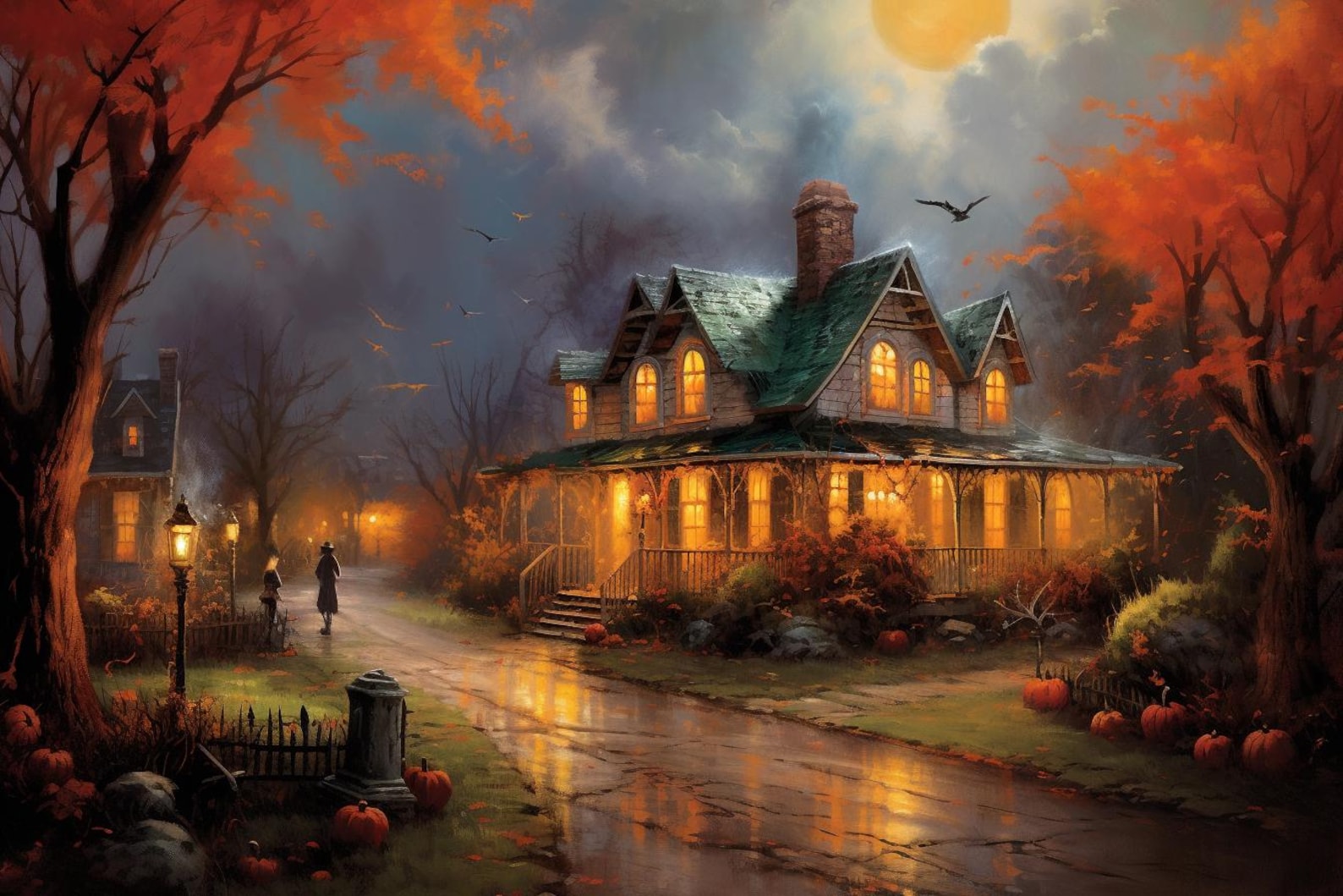 Charming Halloween Canvas Print Featuring Thomas Kinkade Inspired ...