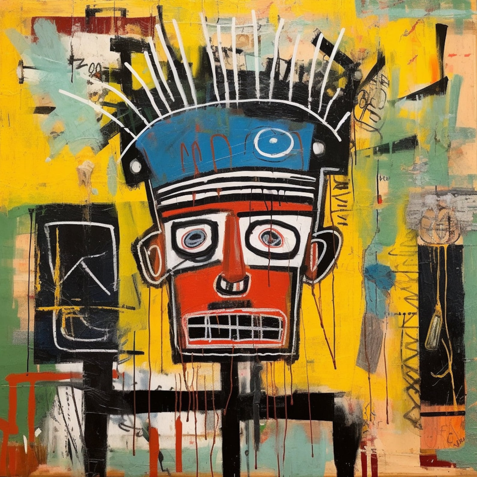Basquiat Style Graffiti Portrait on Vivid Yellow Background Digital ...