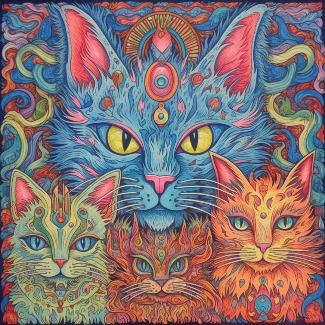 Louis Wain Inspired Symmetrical Cat Print on Canvas | Electric ...