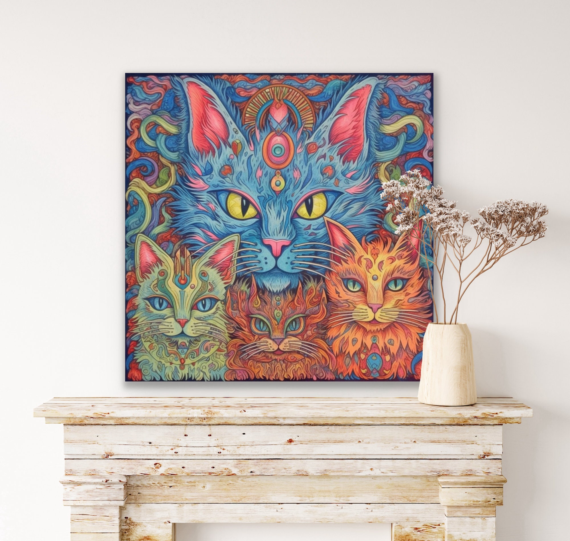 Louis Wain Inspired Symmetrical Cat Print on Canvas | Electric ...
