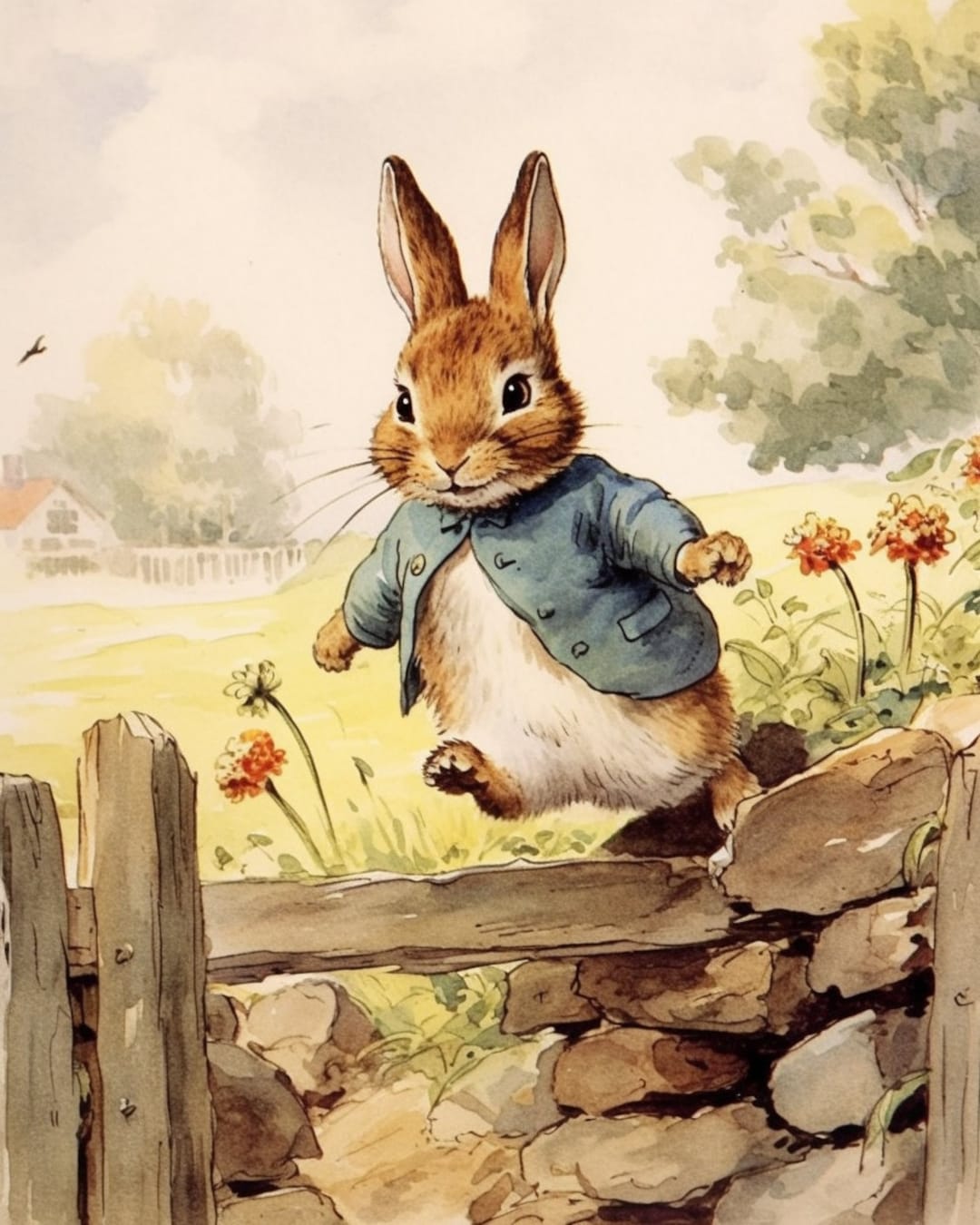 Timeless Beatrix Potter Style Bunny Print – Jumping Over a Fence ...