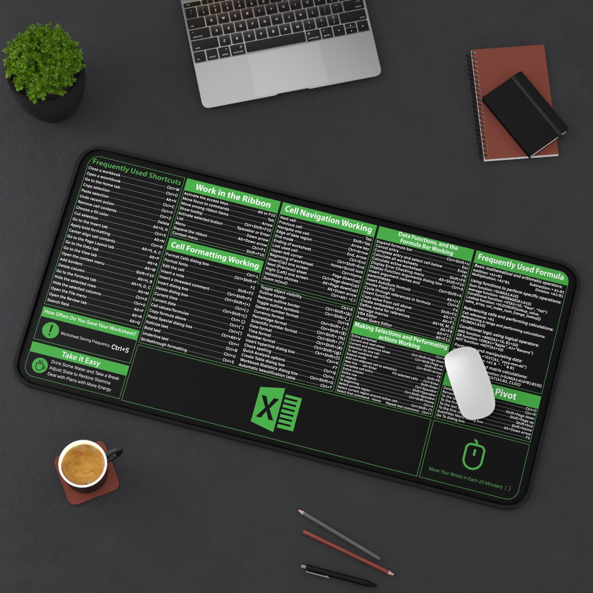 Excel Shortcut Cheat Sheet Desk Mat, Excel Mouse Pad Shortcuts, Non ...