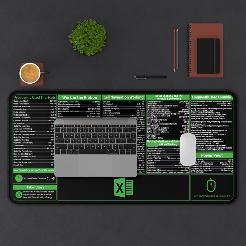 Excel Shortcut Cheat Sheet Desk Mat, Excel Mouse Pad Shortcuts, Non ...