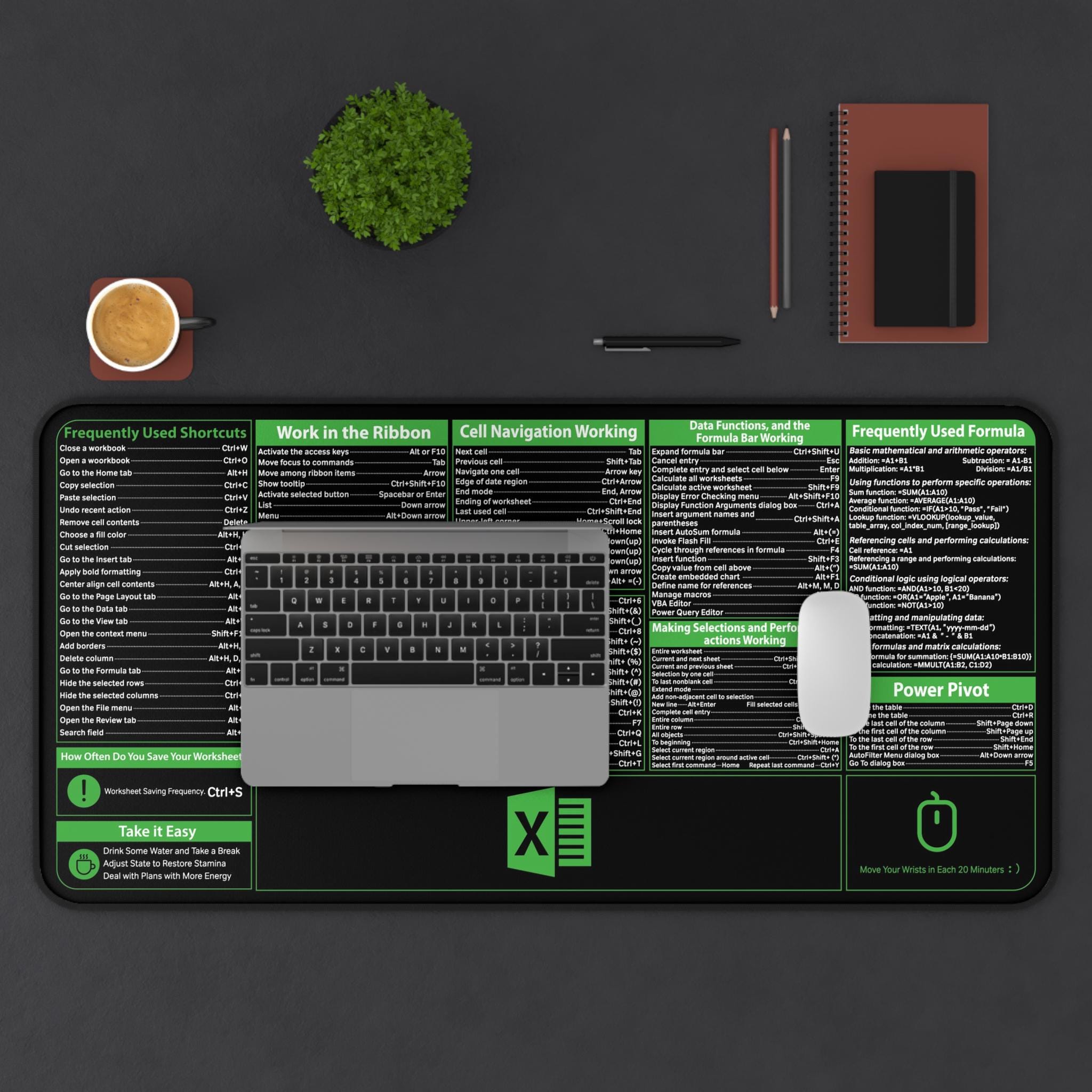 Excel Shortcut Cheat Sheet Desk Mat, Excel Mouse Pad Shortcuts, Non ...