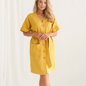 Linen Dress in Honey, Basic Linen Dress With Buttons, Natural 100 Linen ...