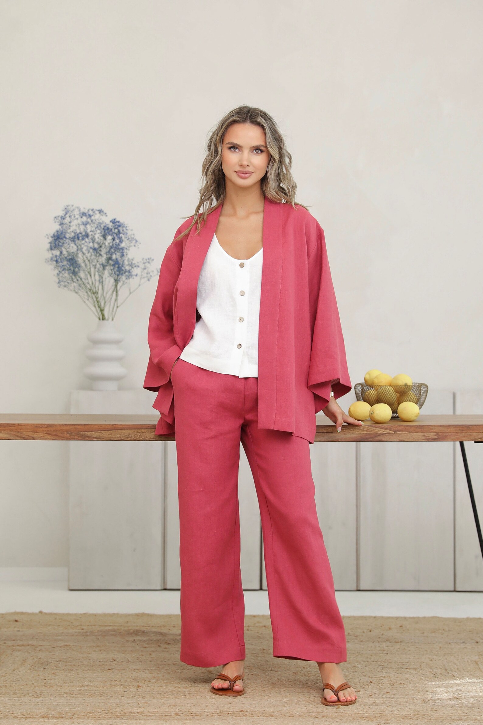 Dusty Red Linen Pants, High Waisted Pants, High Waist Trousers ...