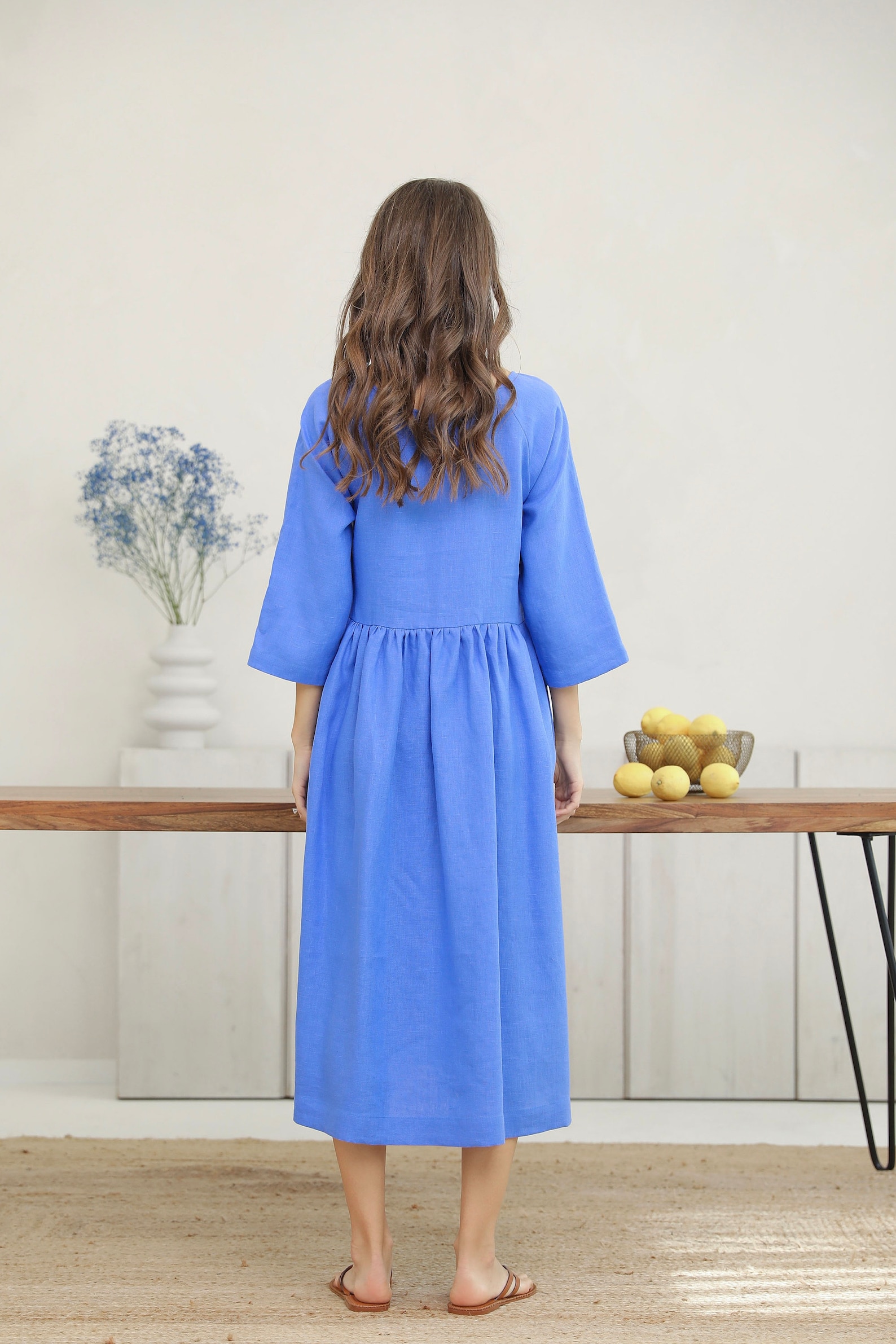Cornflower Blue Linen Dress, Natural 100 Linen, Summer Dress, Vacation ...
