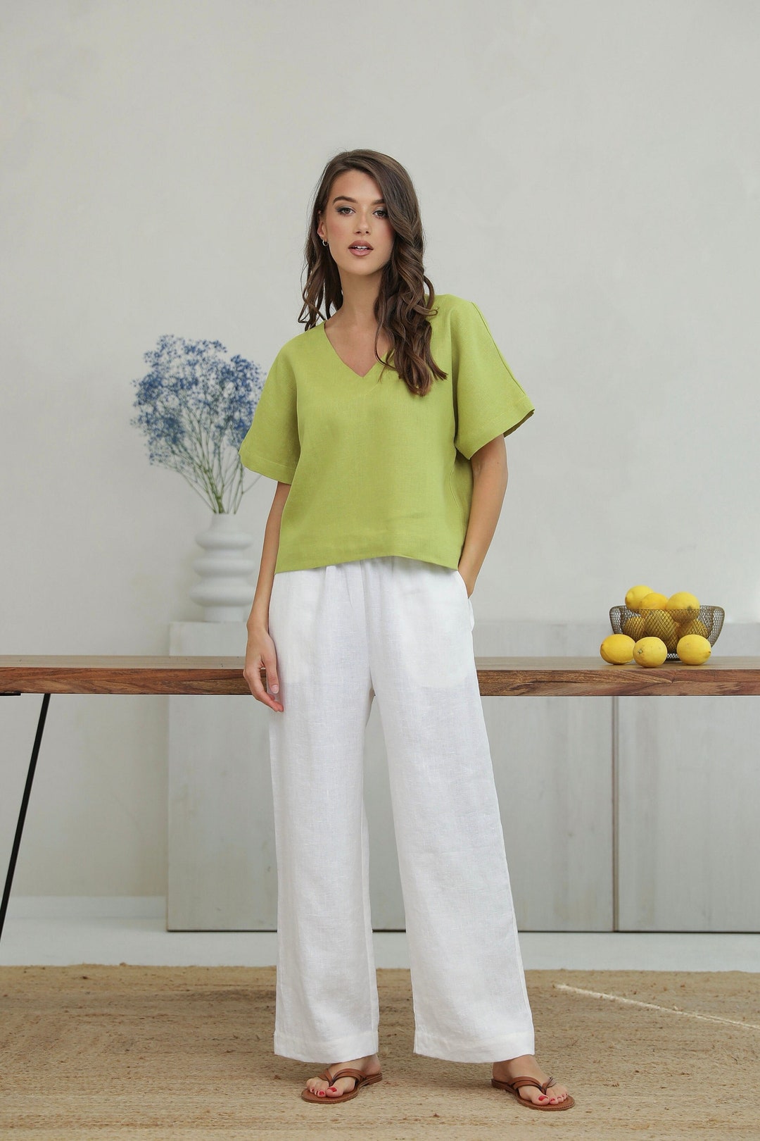 Loose Linen Top Green Pear, Oversized Linen Top, Basic Linen Top, Boxy ...